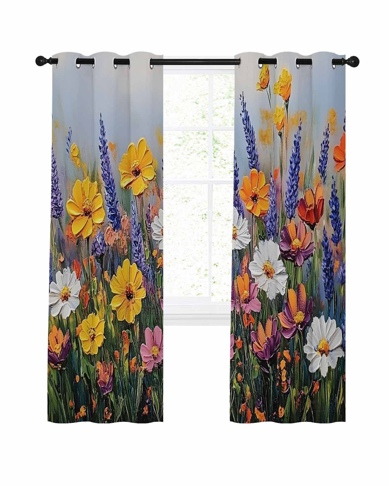 Spring Flower Blackout Curtains 84 Inch Length Retro Oil Painting White ...
