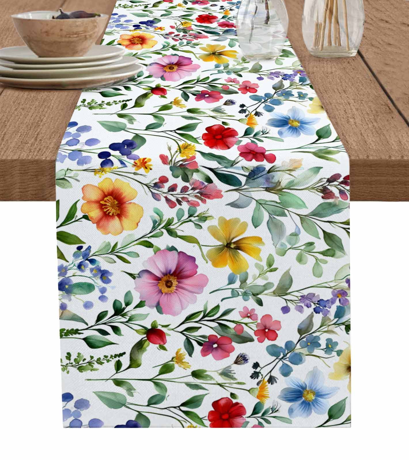 Spring Flower Burlap Cotton Table Runner 13x120 Inches Long, Retro Farm ...