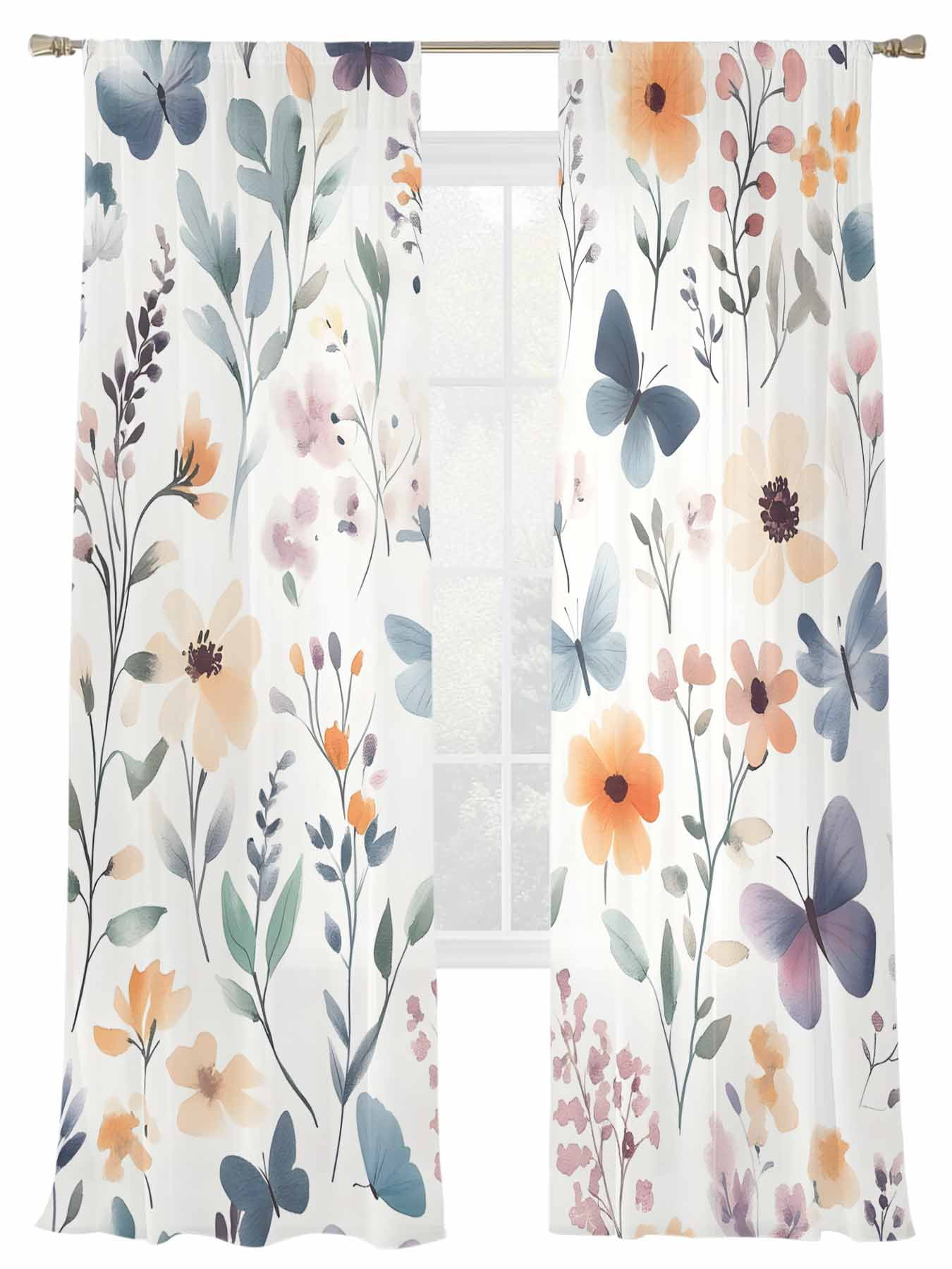 Spring Flower Butterfly Sheer Curtains 2 Panels Set Retro Leaf Farm ...