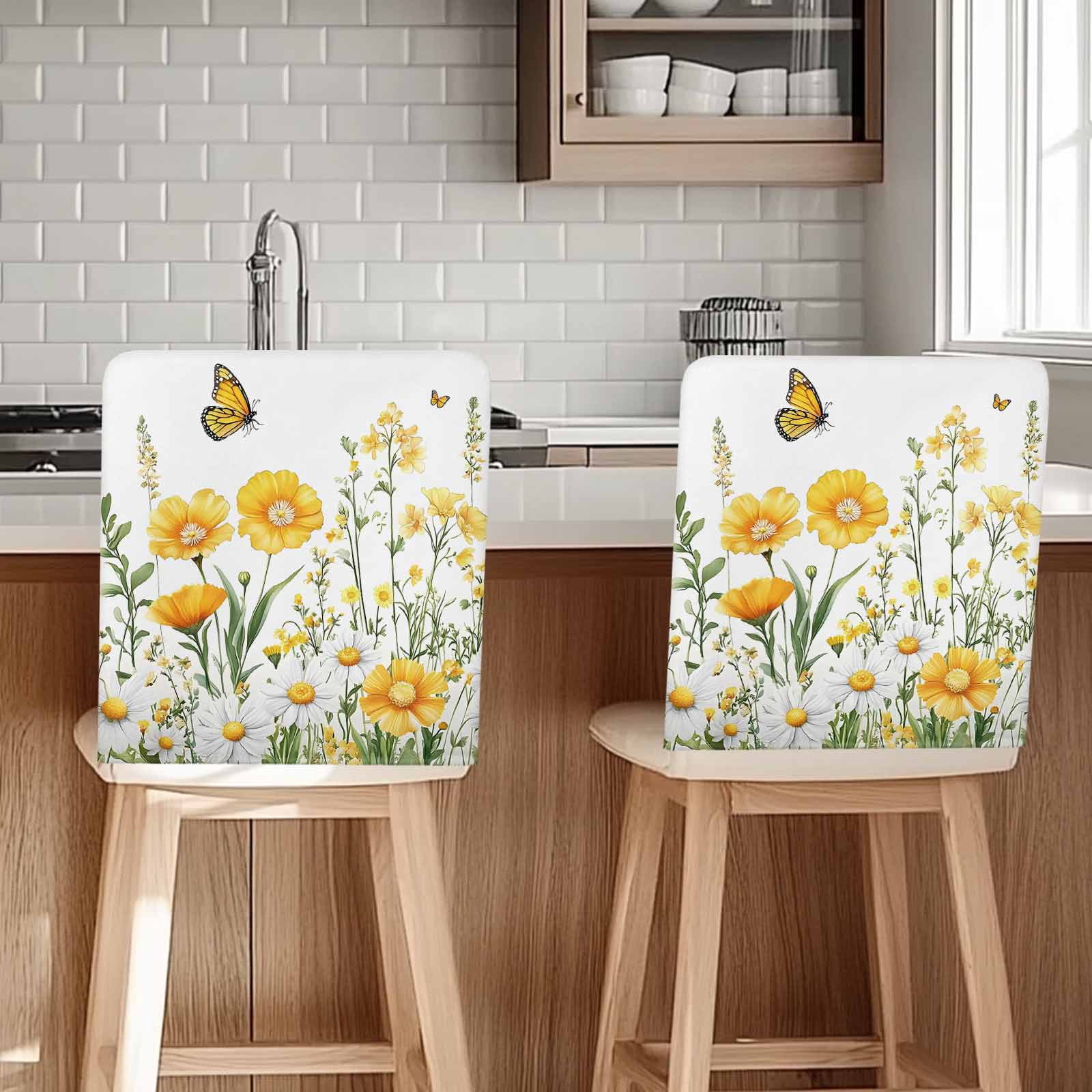 Spring Flower Chair Covers Set of 8 White Yellow Floral Daisy Butterfly ...