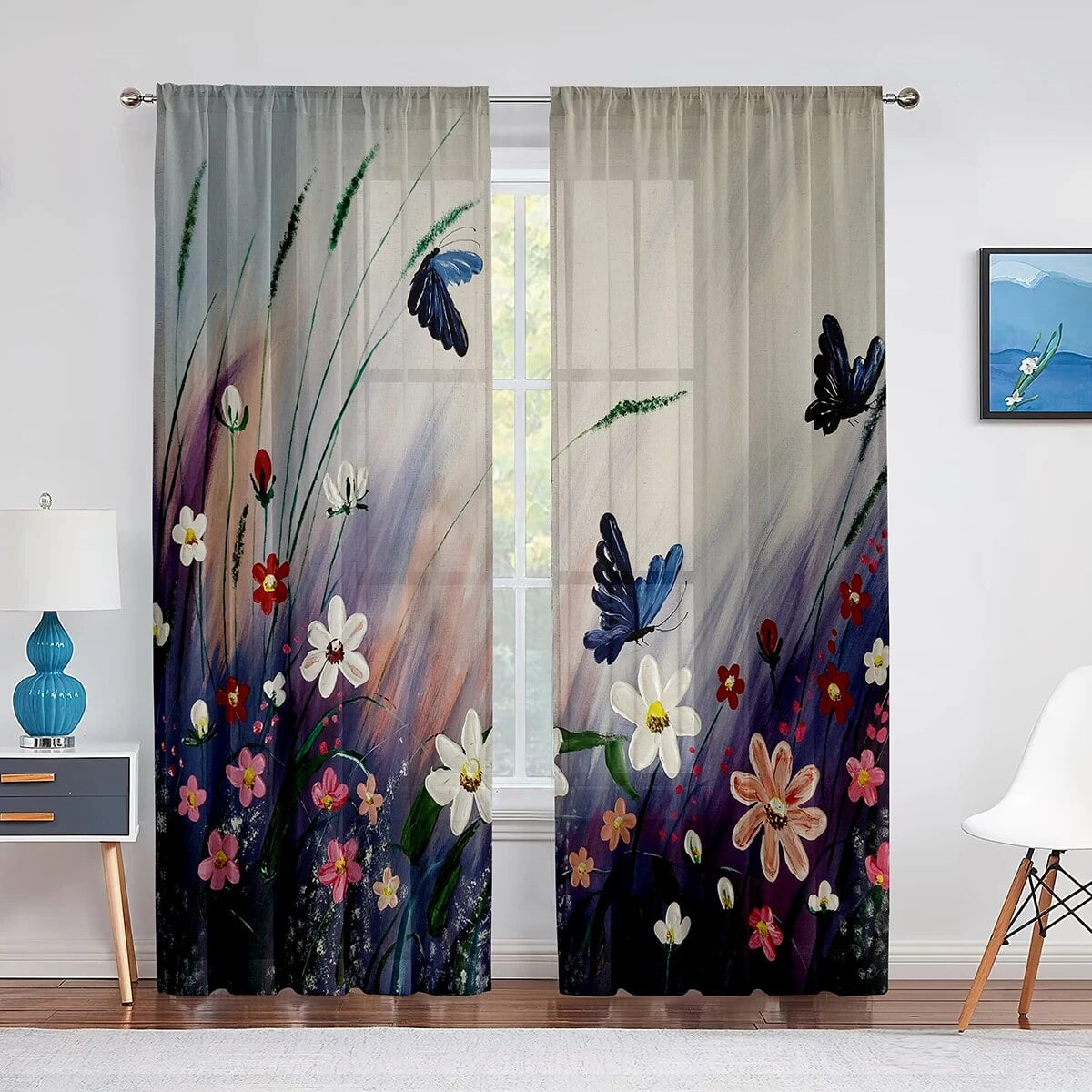 Spring Flower Colorful Floral Butterfly Sheer Curtain for Living Room ...