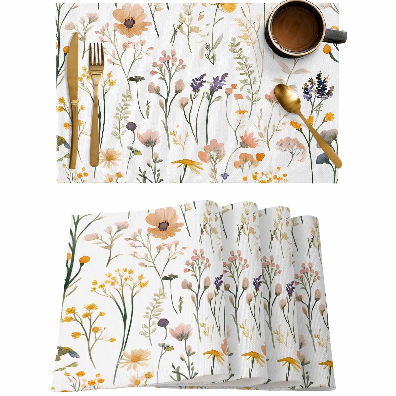 Spring Flower Colorful Wildflower Placemats Set of 4,Wipeable Washable ...