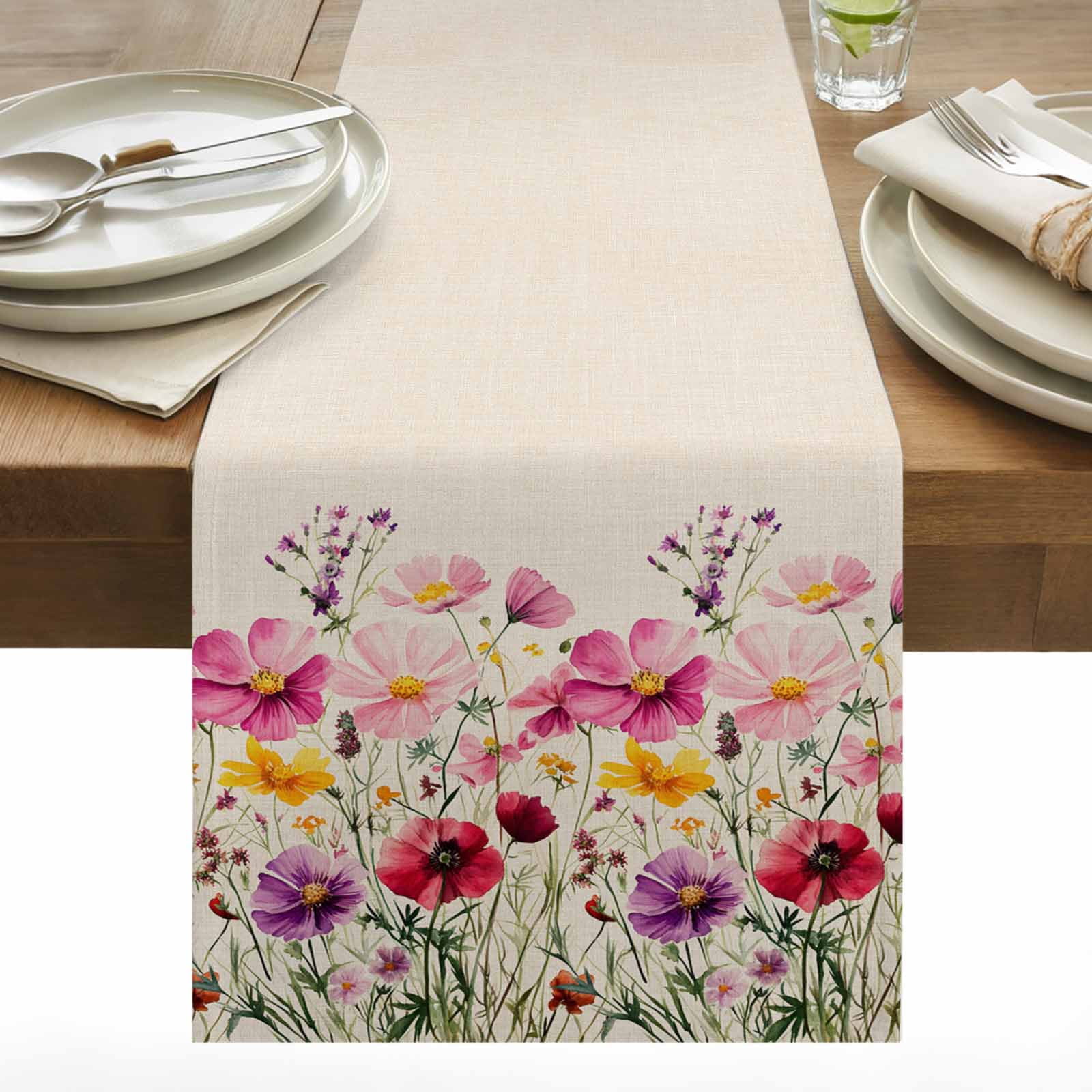 Spring Flower Cotton Linen Table Runner Beauty Watercolor Hand-painted ...