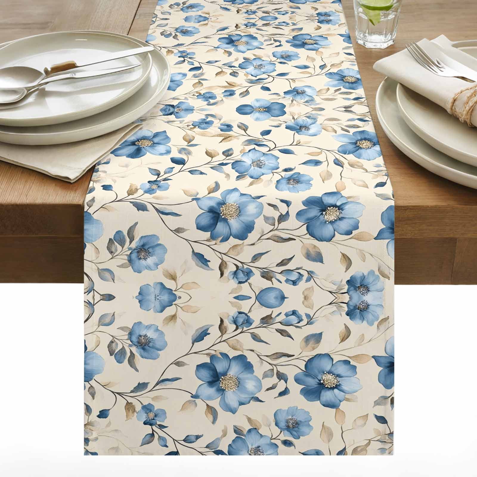 Spring Flower Cotton Linen Table Runner Blue Flower Watercolor Beige ...