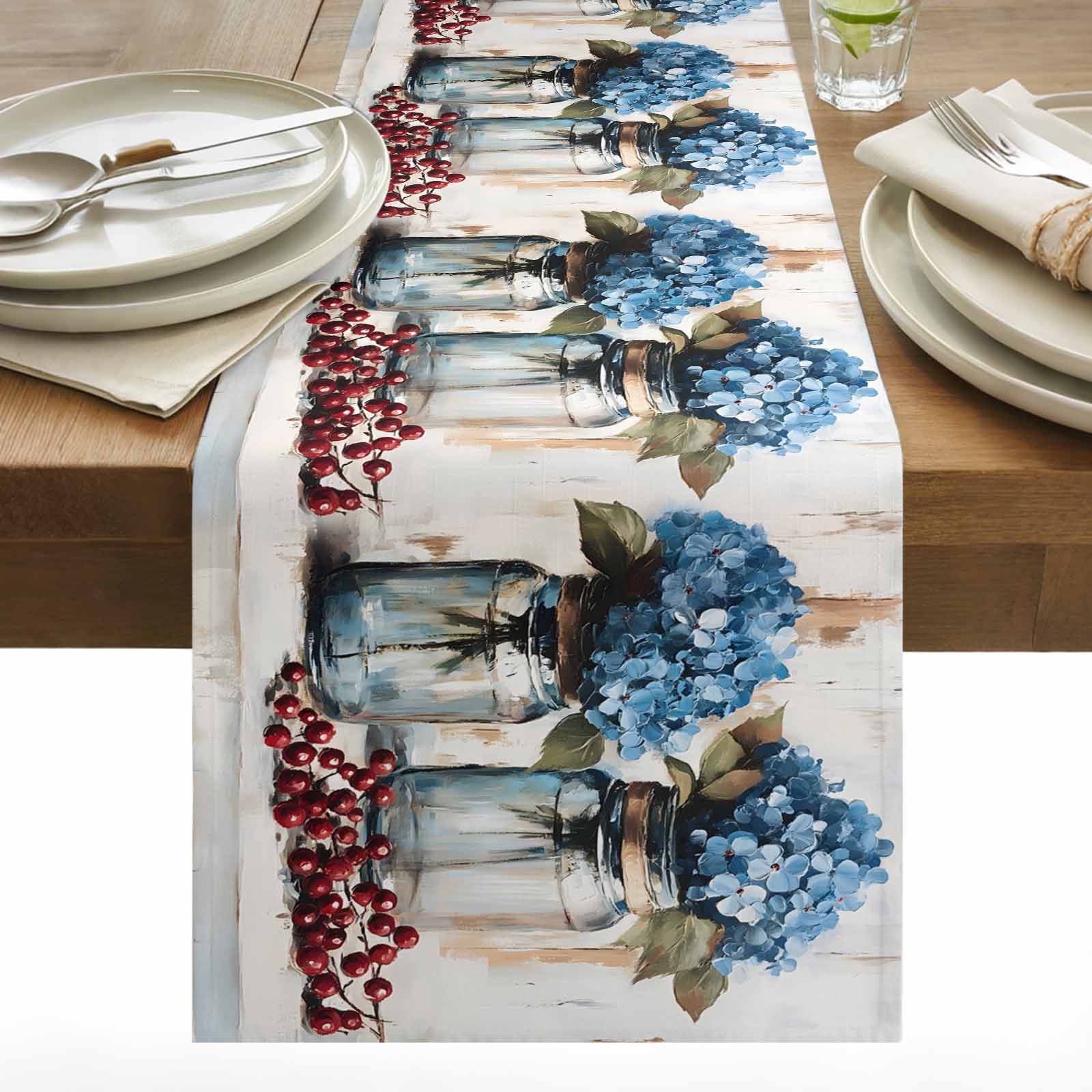 Spring Flower Cotton Linen Table Runner Blue Hydrangeas Floral in ...