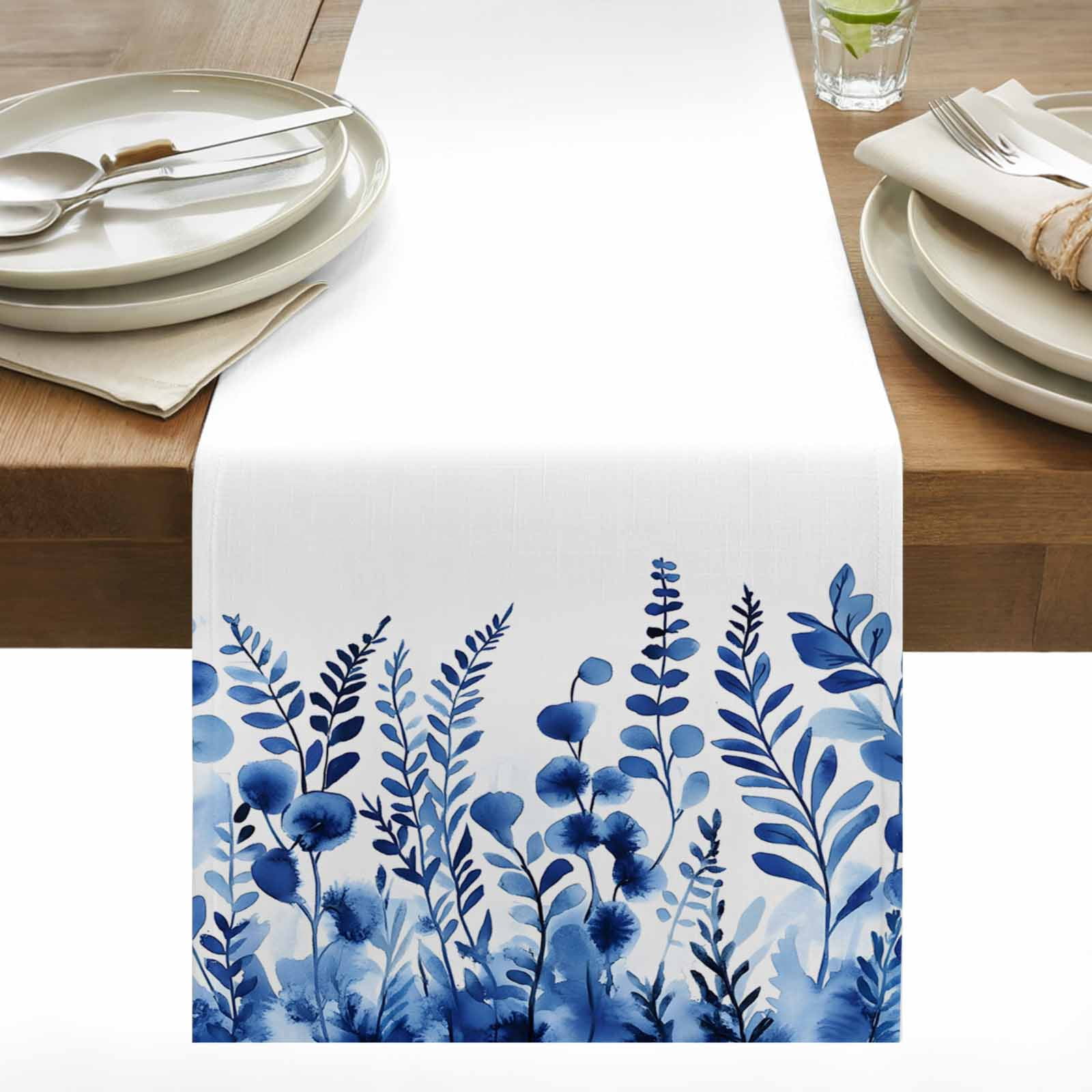 Spring Flower Cotton Linen Table Runner Country Watercolor Blue Floral ...