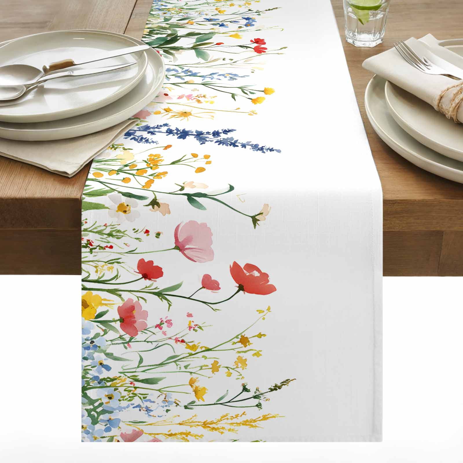 Spring Flower Cotton Linen Table Runner Floral Watercolor Hand-painted ...