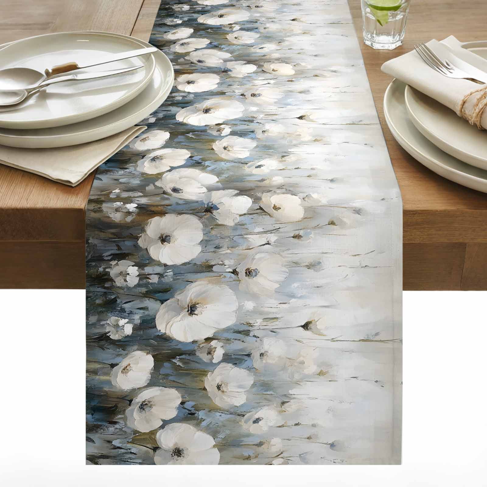 Spring Flower Cotton Linen Table Runner Oil Painting White Floral Green ...