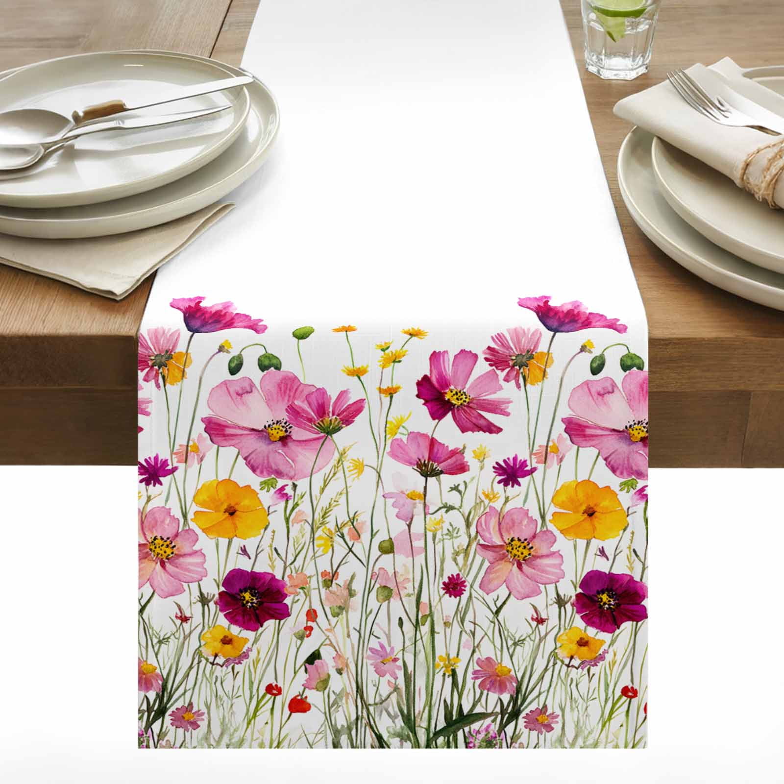 Spring Flower Cotton Linen Table Runner Pink Beauty Watercolor Hand ...