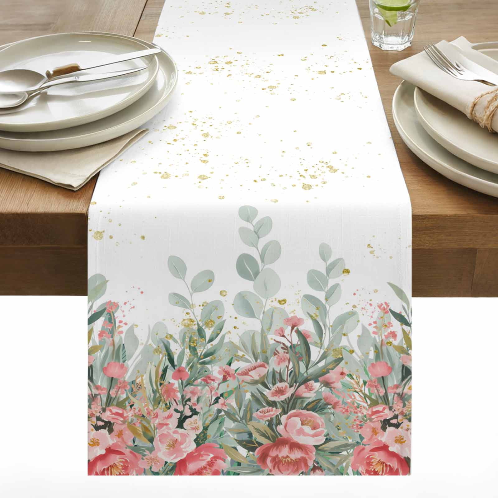 Spring Flower Cotton Linen Table Runner Retro Red Flower Watercolor ...