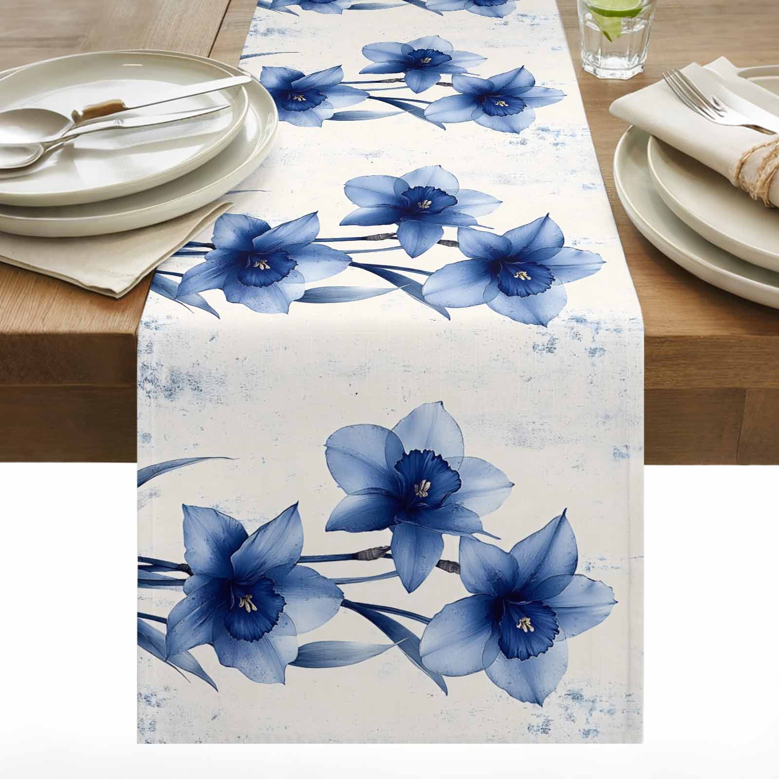 Spring Flower Cotton Linen Table Runner Retro Watercolor Blue Floral ...