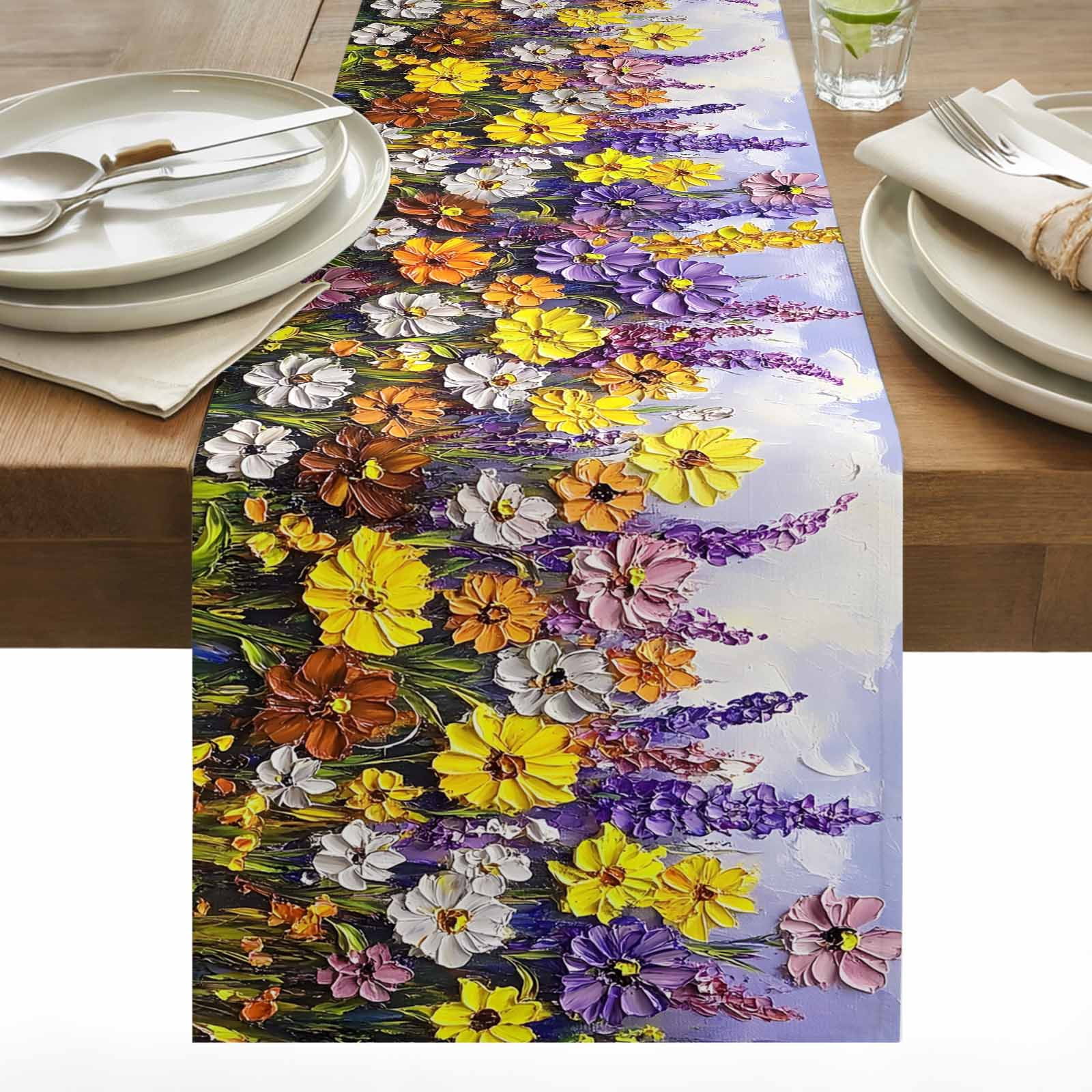 Spring Flower Cotton Linen Table Runner Vintage Lavender Oil Painting ...
