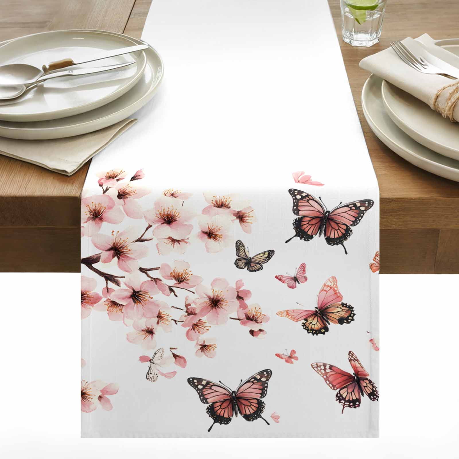 Spring Flower Cotton Linen Table Runner Vintage Watercolor Pink ...