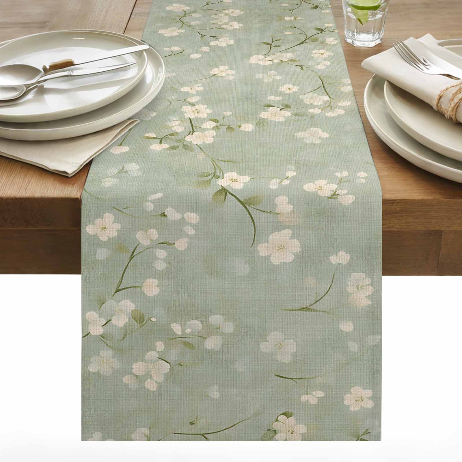 Spring Flower Cotton Linen Table Runner Vintage Watercolor Pink Floral ...