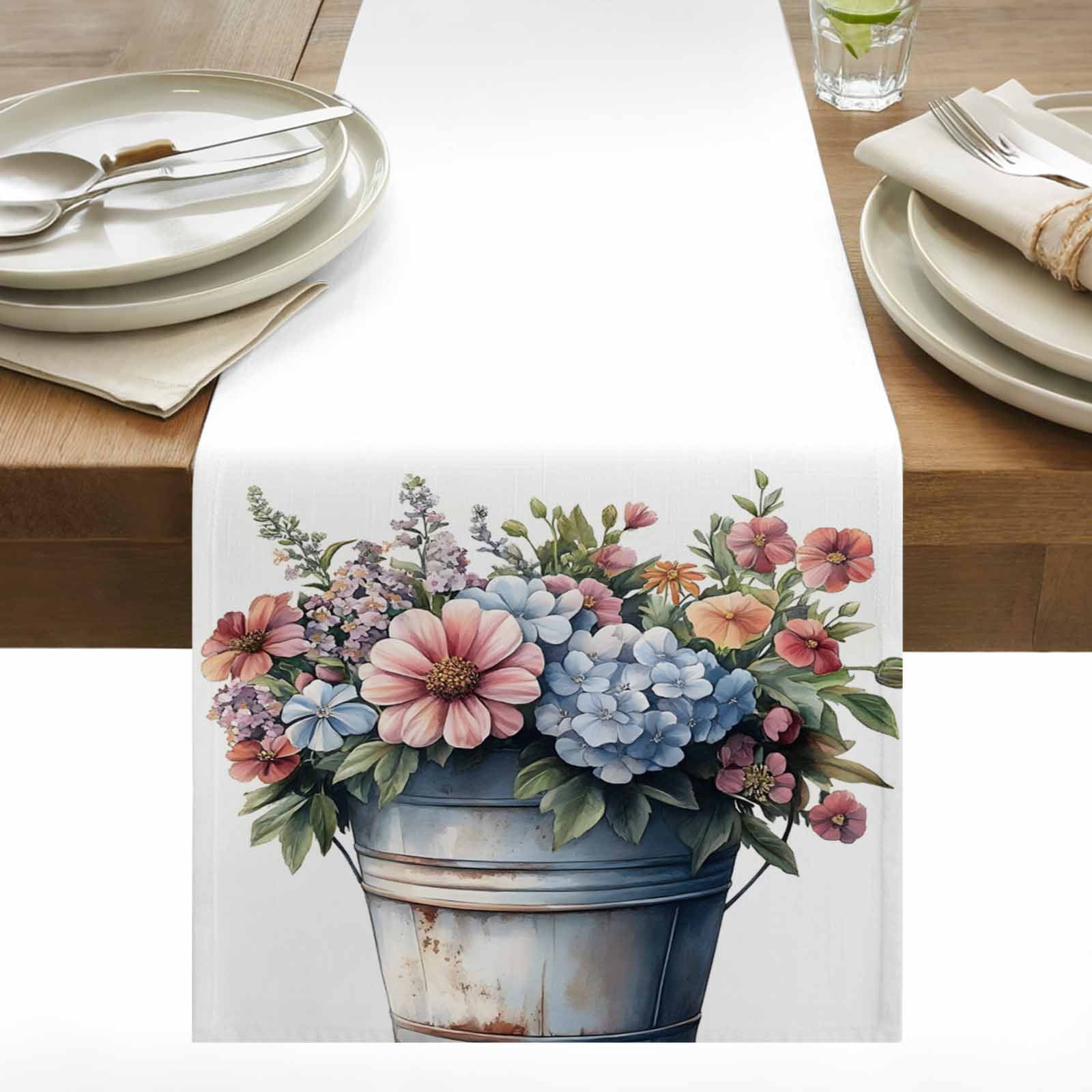 Spring Flower Cotton Linen Table Runner Watercolor Blue Red Floral ...