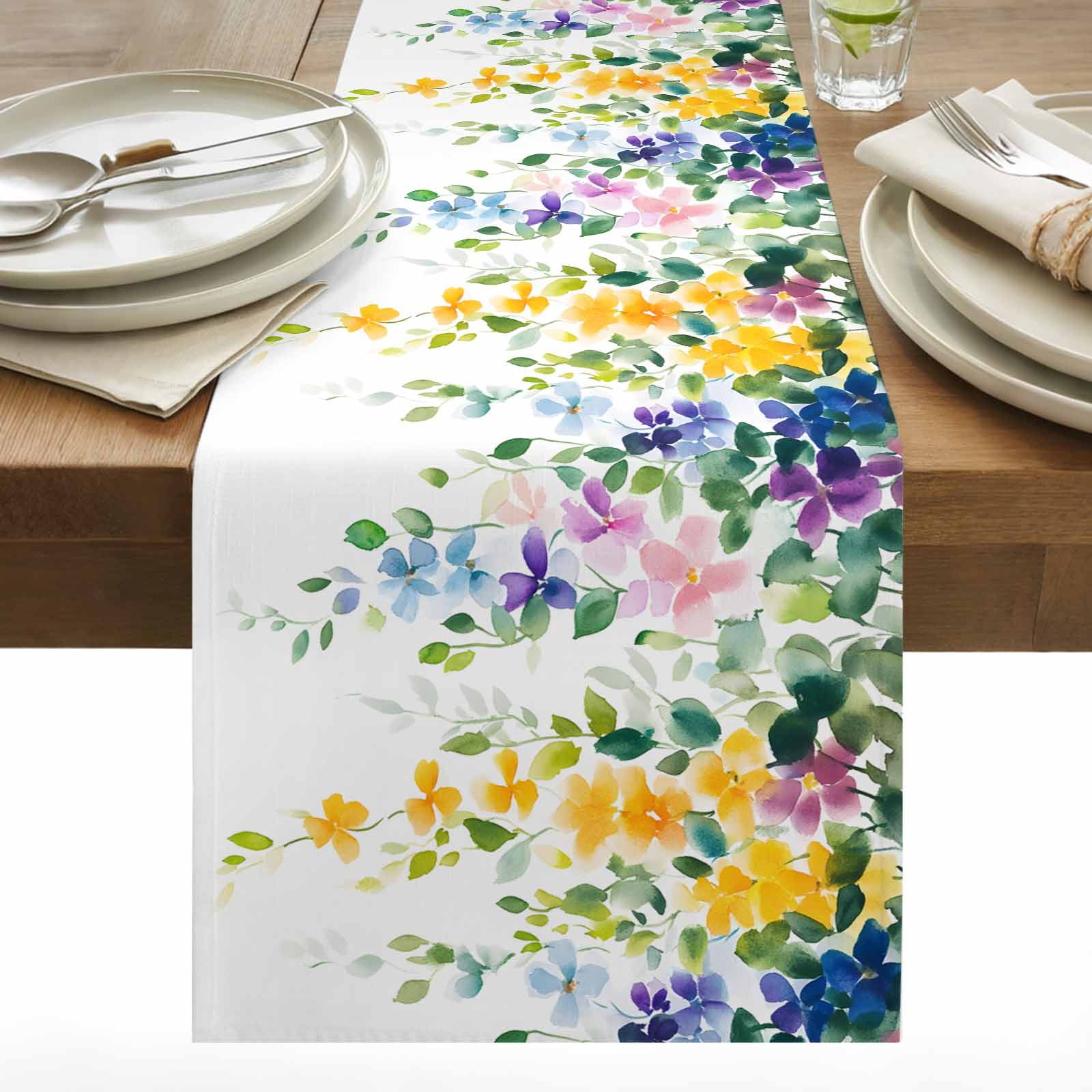 Spring Flower Cotton Linen Table Runner Watercolor Blue Yellow Sage ...