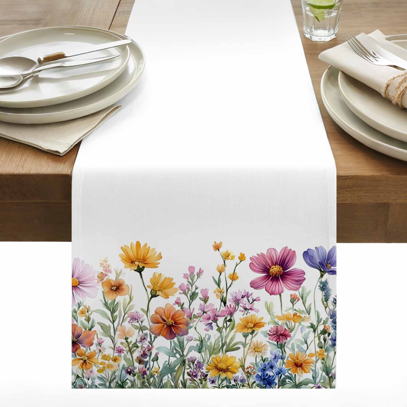 Spring Flower Cotton Linen Table Runner Watercolor Floral Vine Leaf ...