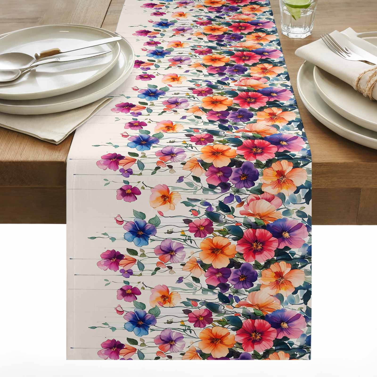 Spring Flower Cotton Linen Table Runner Watercolor Red Pink Floral Vine ...