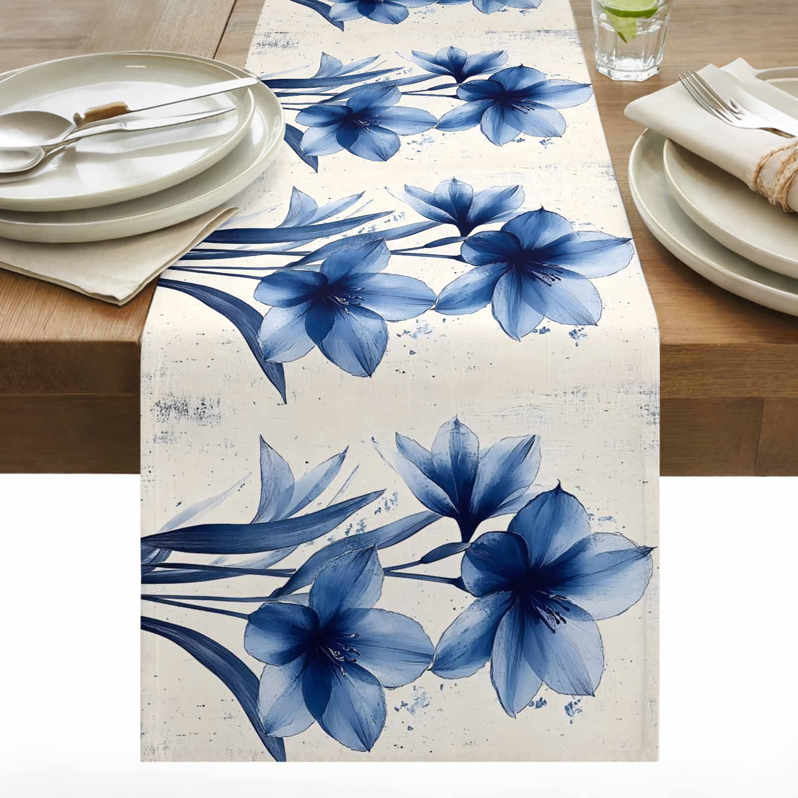 Spring Flower Cotton Linen Table Runner Watercolor Retro Blue Floral ...