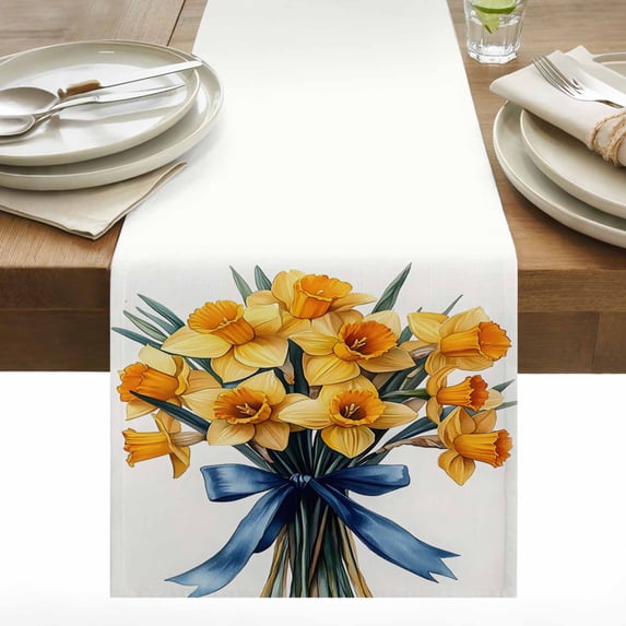 Spring Flower Cotton Linen Table Runner Watercolor Yellow Floral Green ...