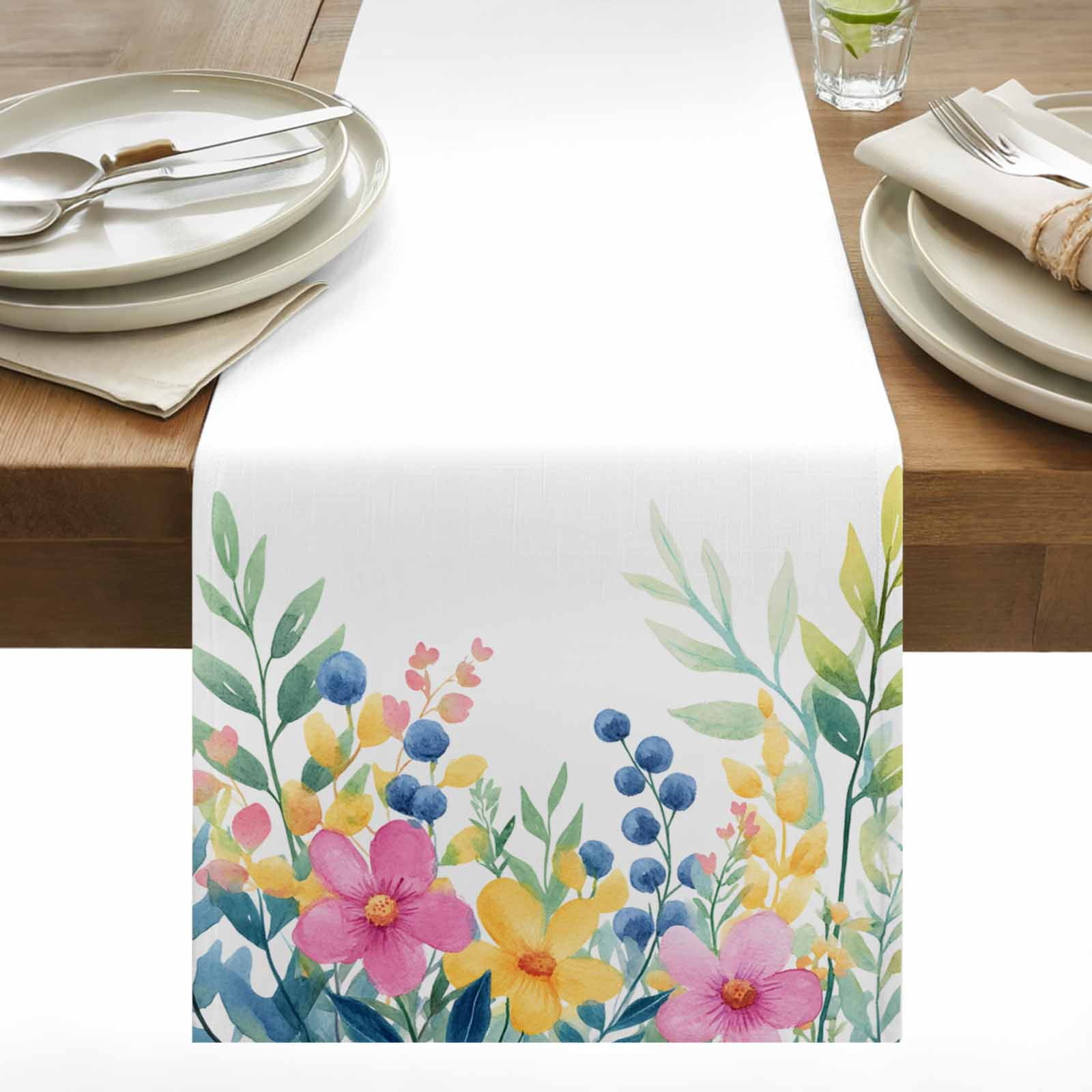 Spring Flower Cotton Linen Table Runner Watercolor Yellow Pink Floral ...