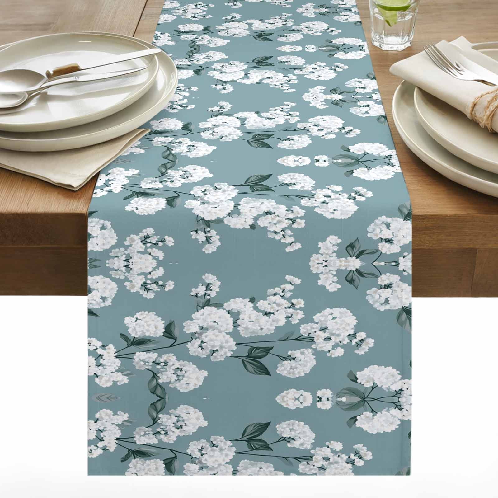 Spring Flower Cotton Linen Table Runner White Floral Vintage Blue ...