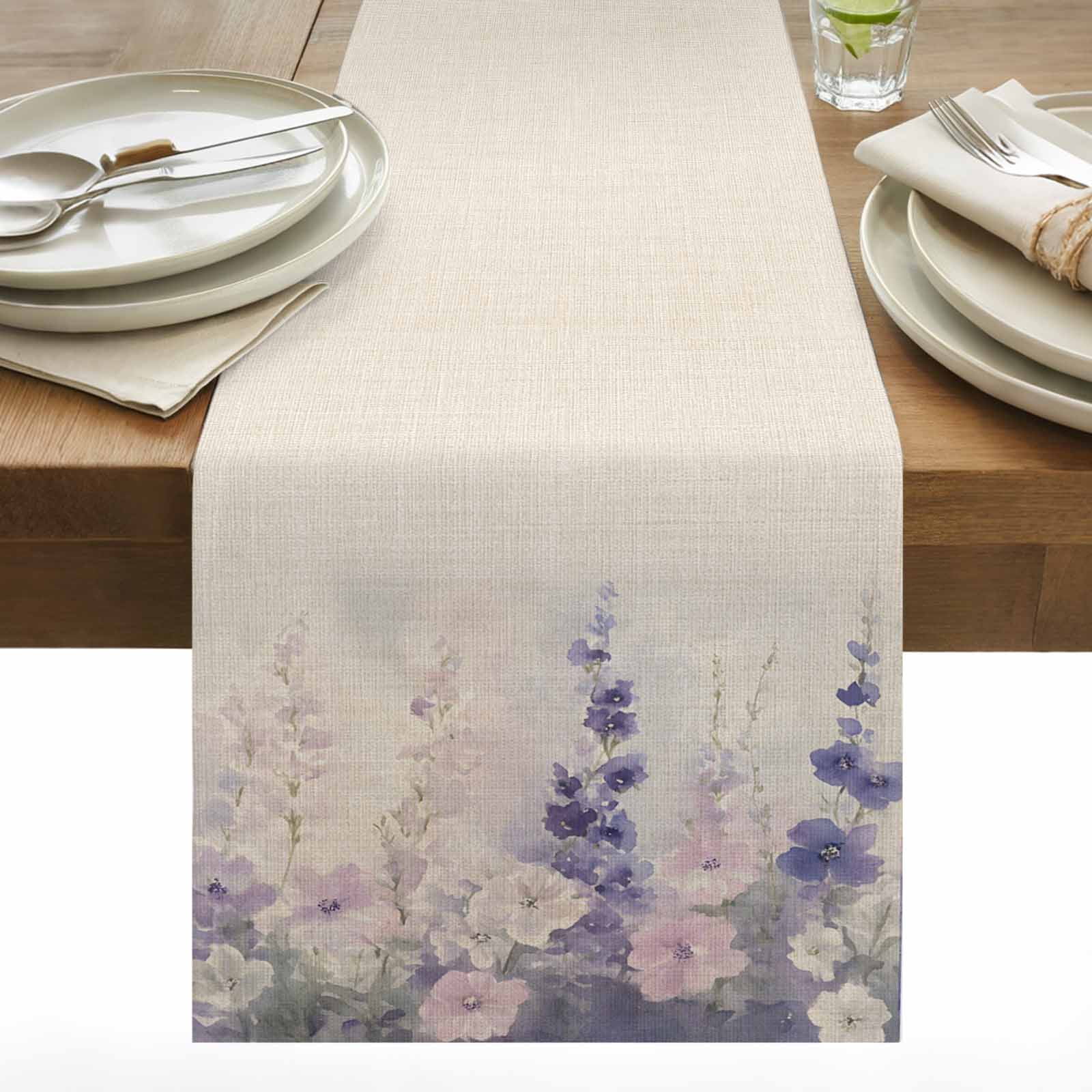 Spring Flower Cotton Linen Table Runner White Purple Lavender Floral ...