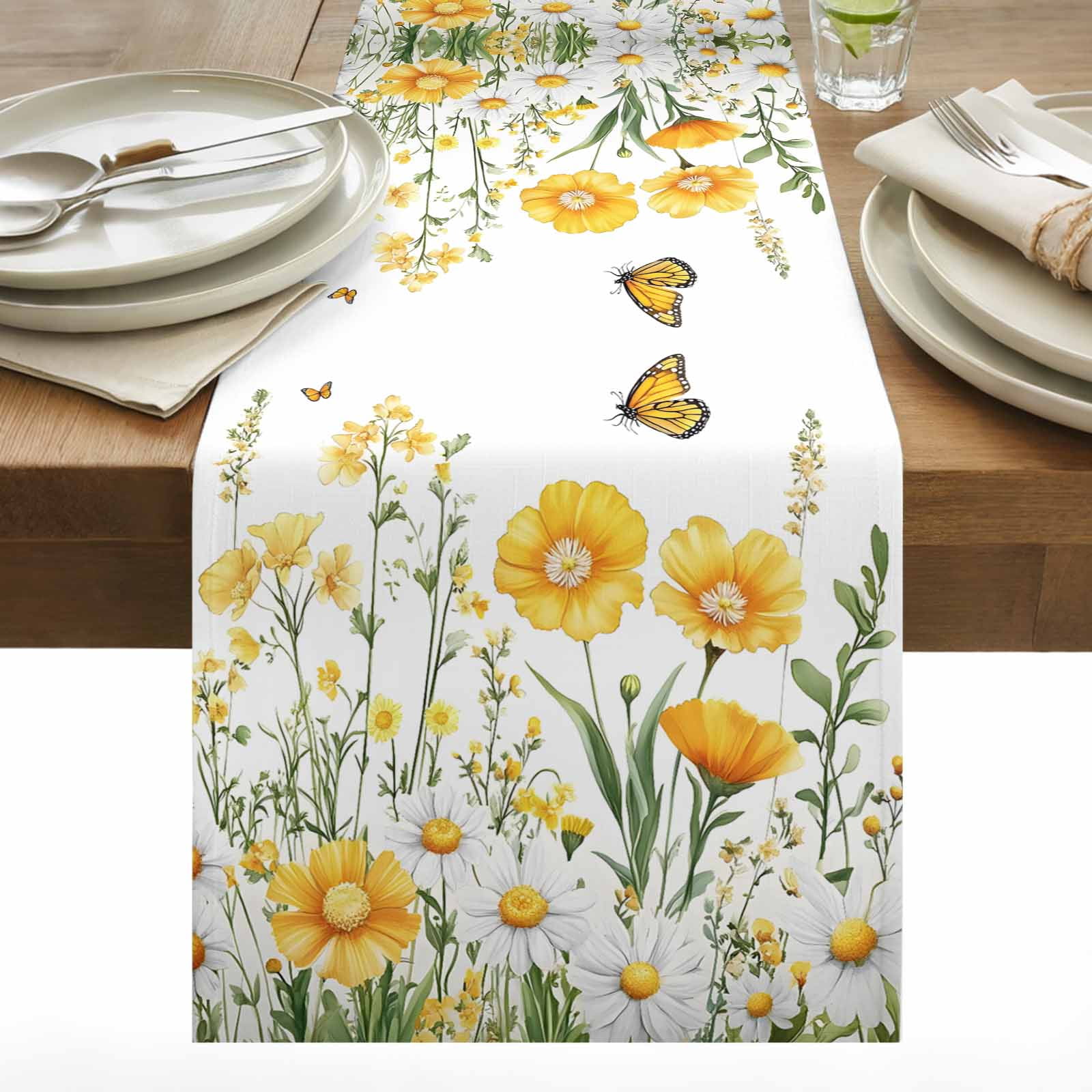 Spring Flower Cotton Linen Table Runner White Yellow Floral Daisy ...