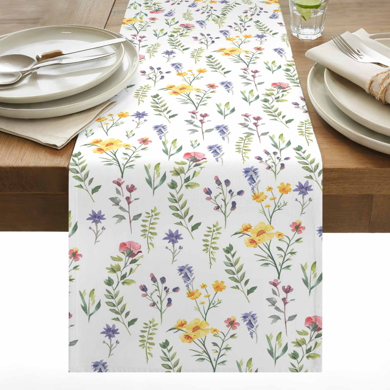 Spring Flower Cotton Linen Table Runner Yellow Pink Purple Flower ...