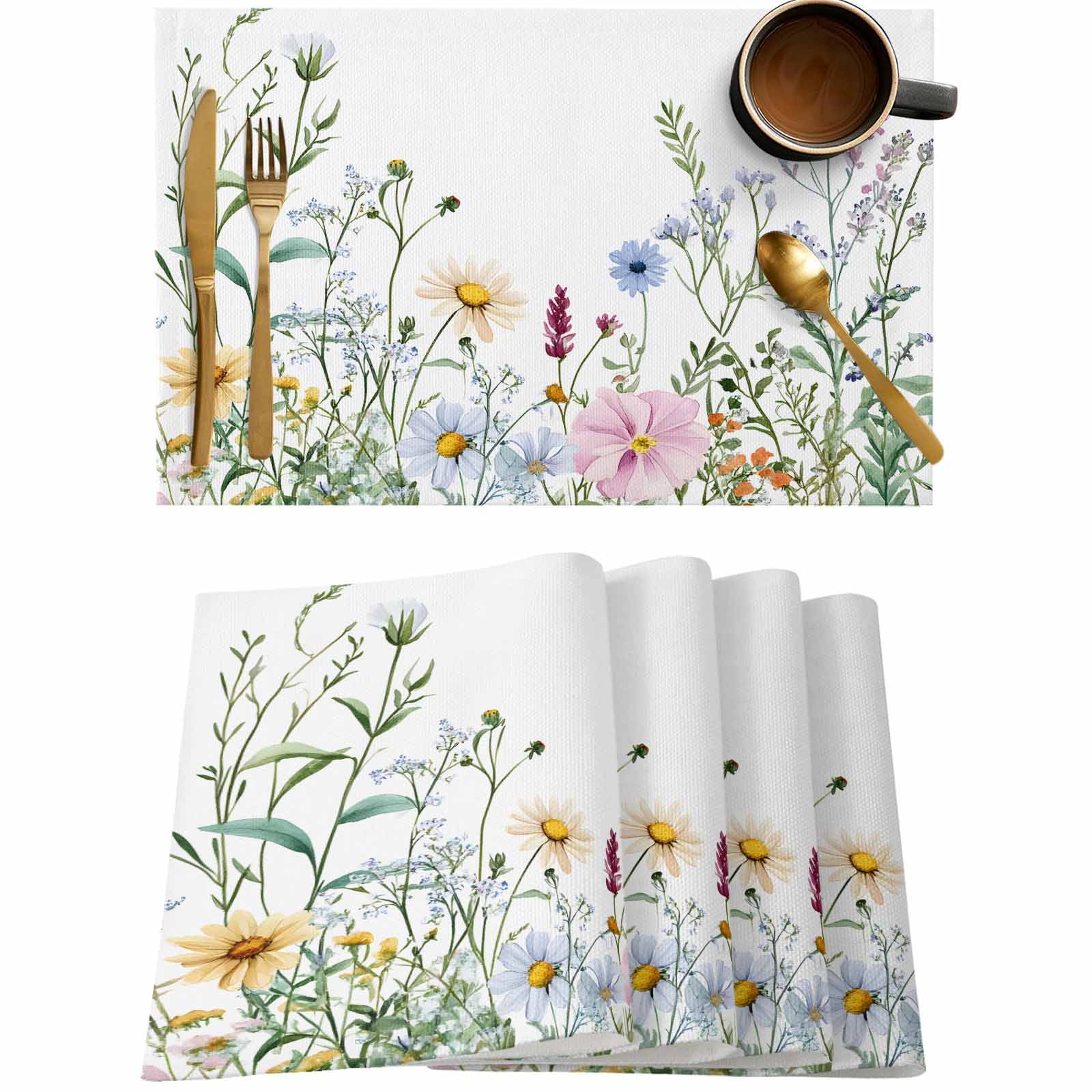 Spring Flower Daisy Herb Green Leaf Placemats Set of 4,Wipeable ...