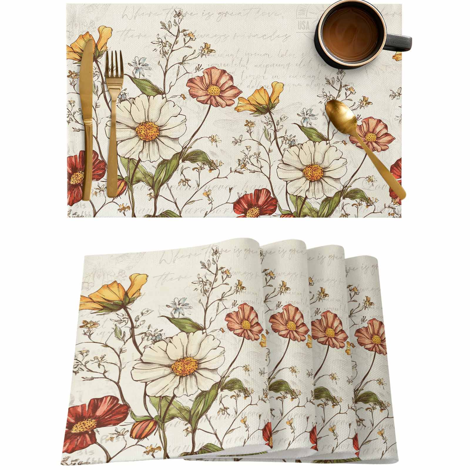 Spring Flower Daisy Wildflower Placemats Set of 4,Wipeable Washable ...