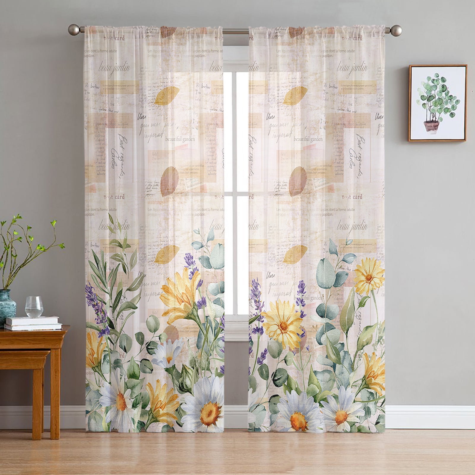 Spring Flower Eucalyptus Leaf Plant Sheer Curtains for Living Room ...