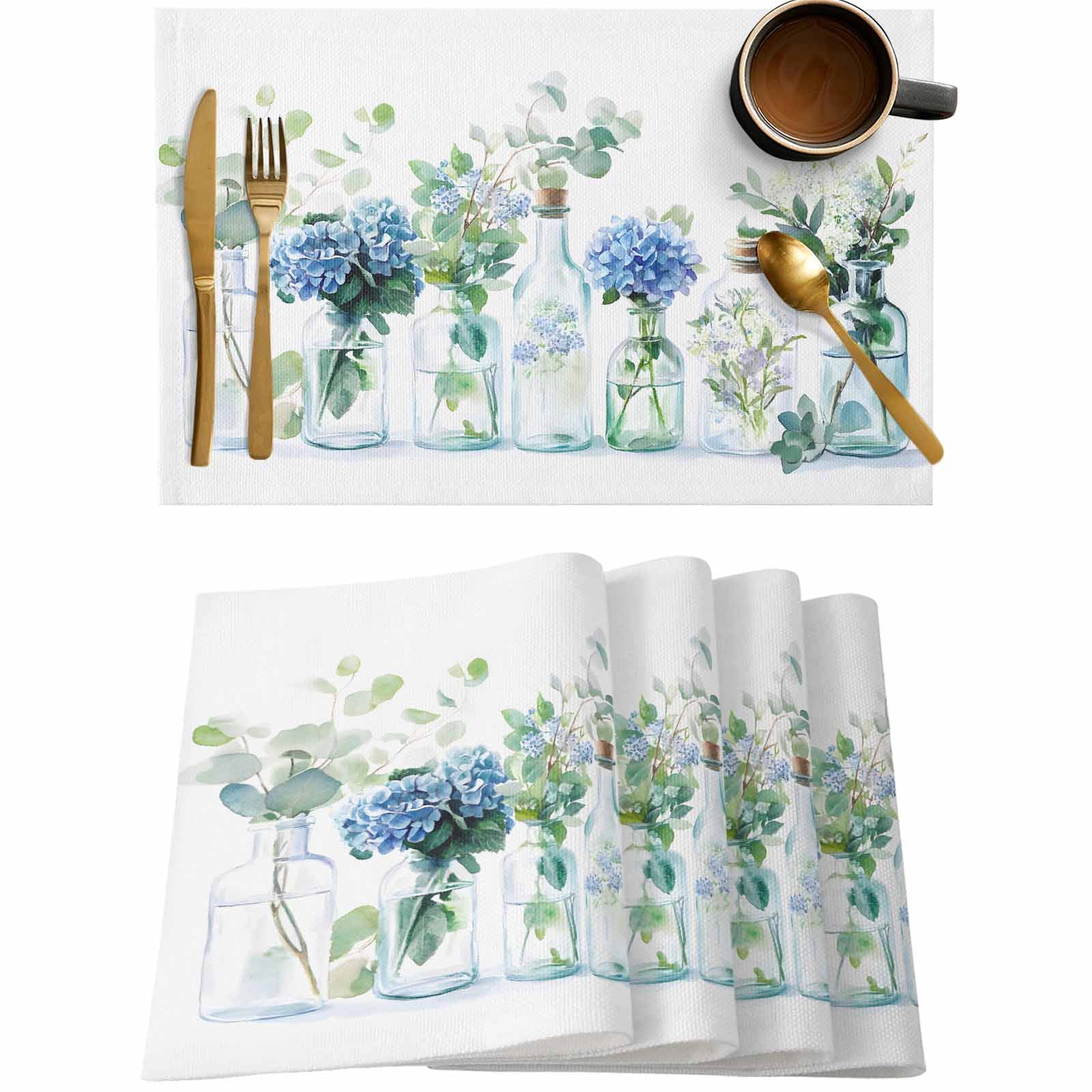 Spring Flower Green Eucalyptus Leaves Placemats Set of 4,Wipeable Washable Table Mats for Dining ...