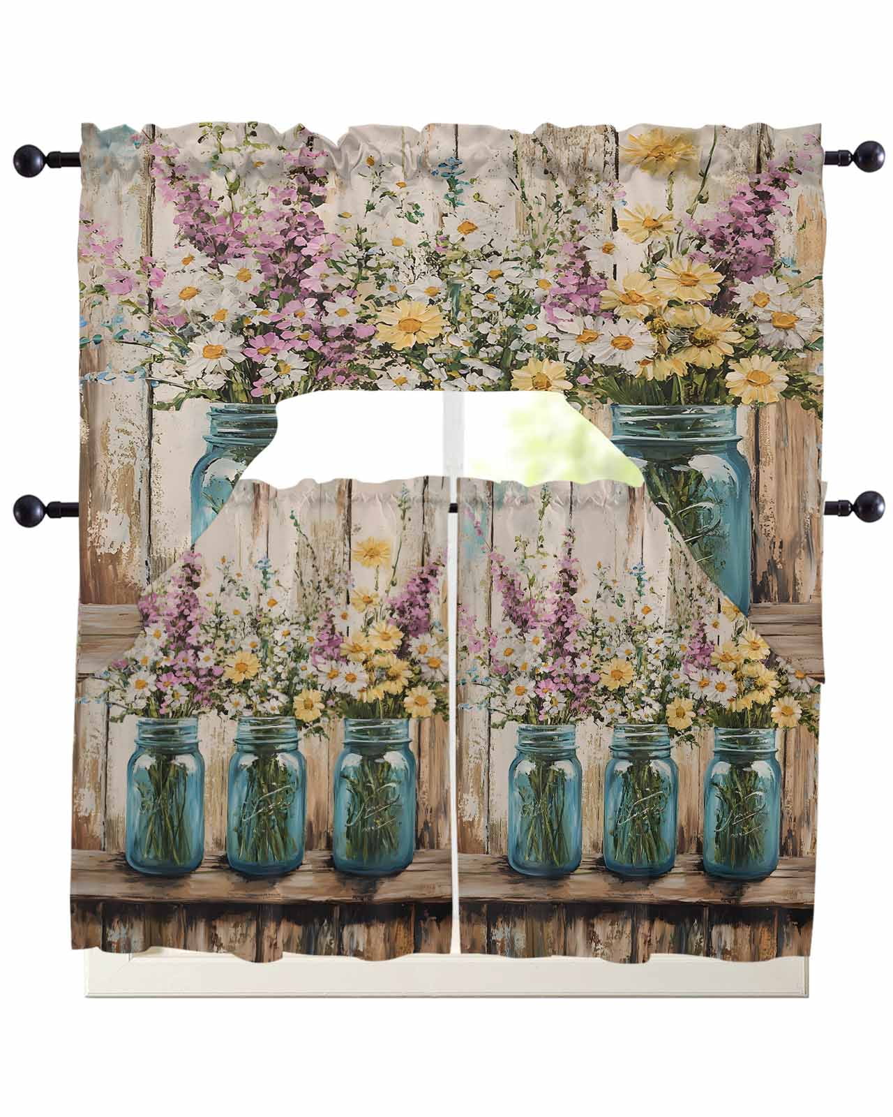 Spring Flower Kitchen Curtains Swag Valance and Tier Curtains Set 36 Inch Length, Farm Bottle ...