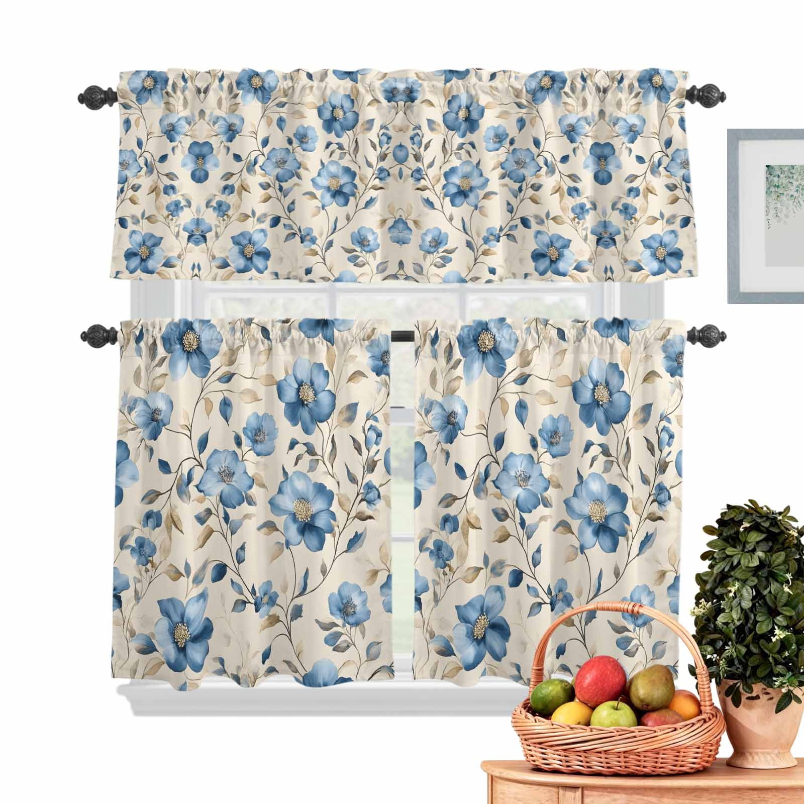 Spring Flower Kitchen Curtains Valances 3 Piece Set, Blue Flower ...