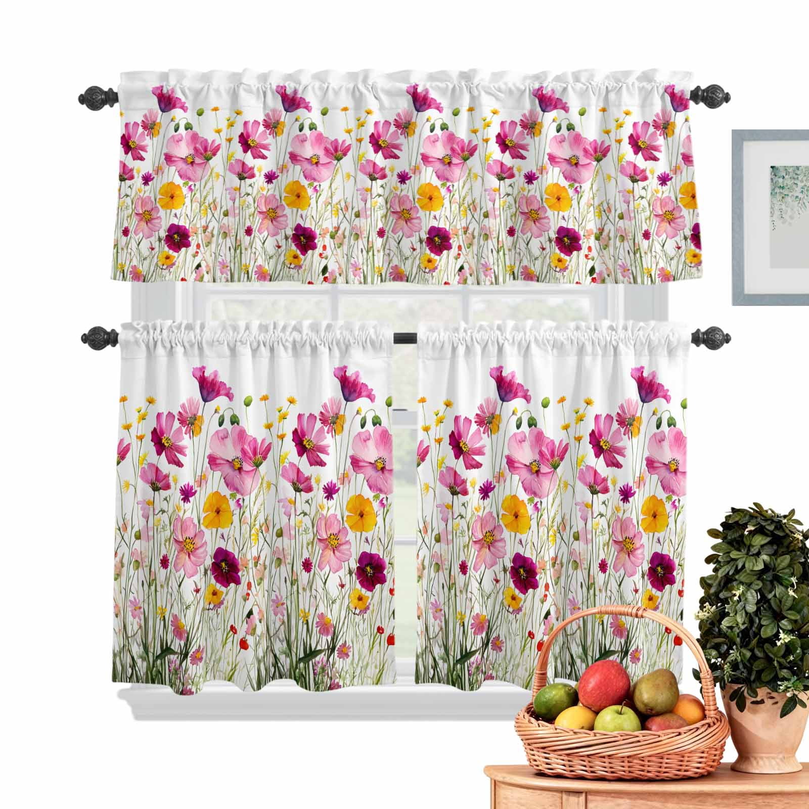 Spring Flower Kitchen Curtains Valances 3 Piece Set, Pink Beauty ...