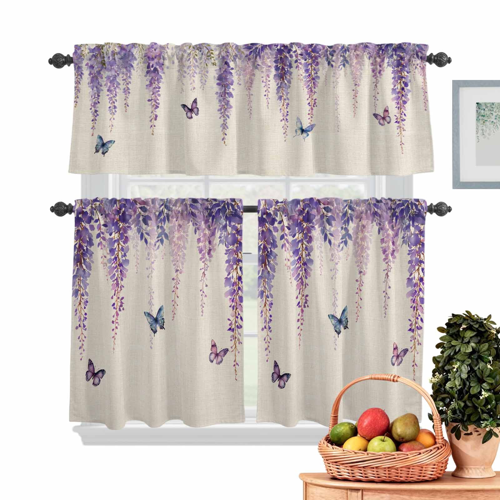 Spring Flower Kitchen Curtains Valances 3 Piece Set, Vintage Purple ...