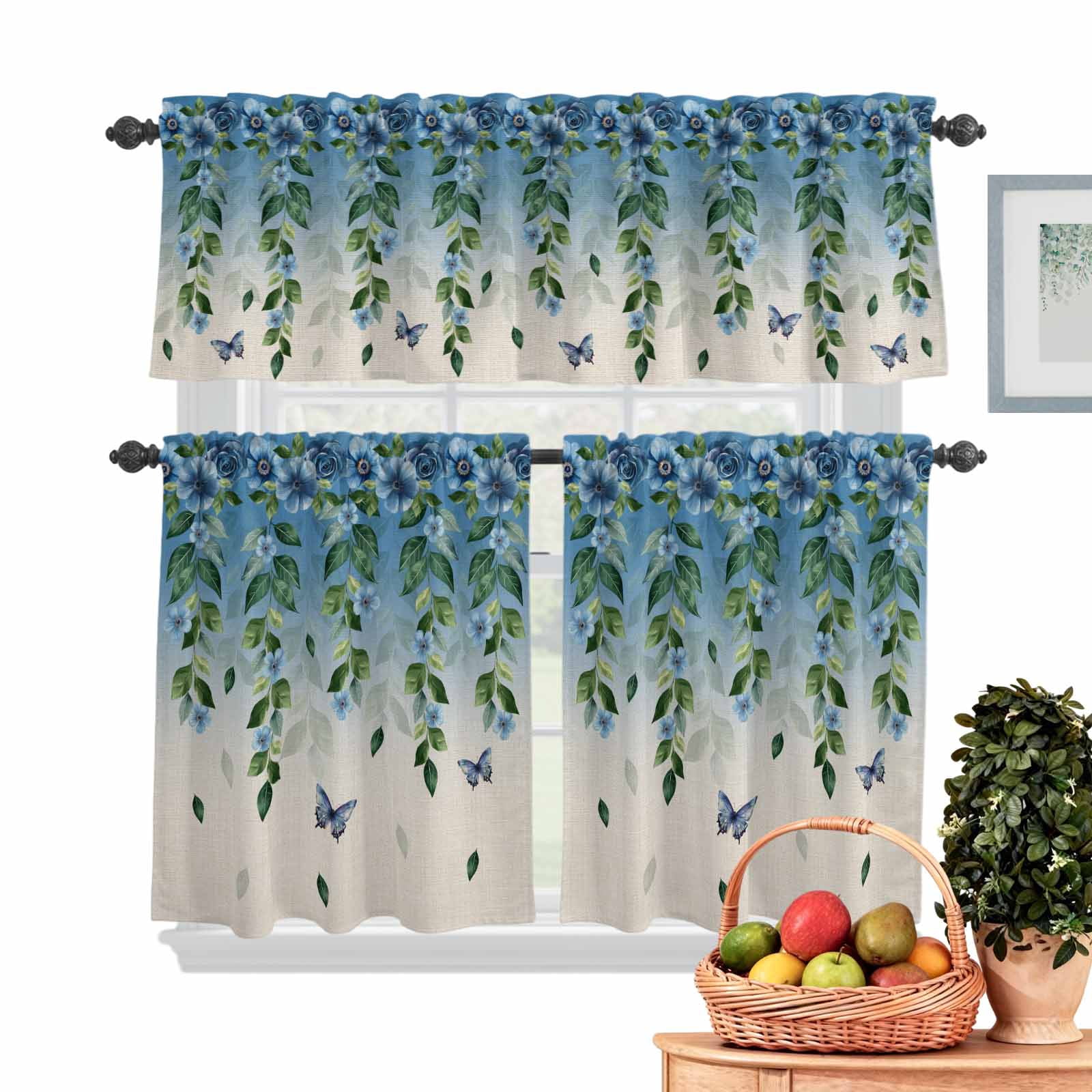Spring Flower Kitchen Curtains Valances 3 Piece Set, Watercolor Blue ...