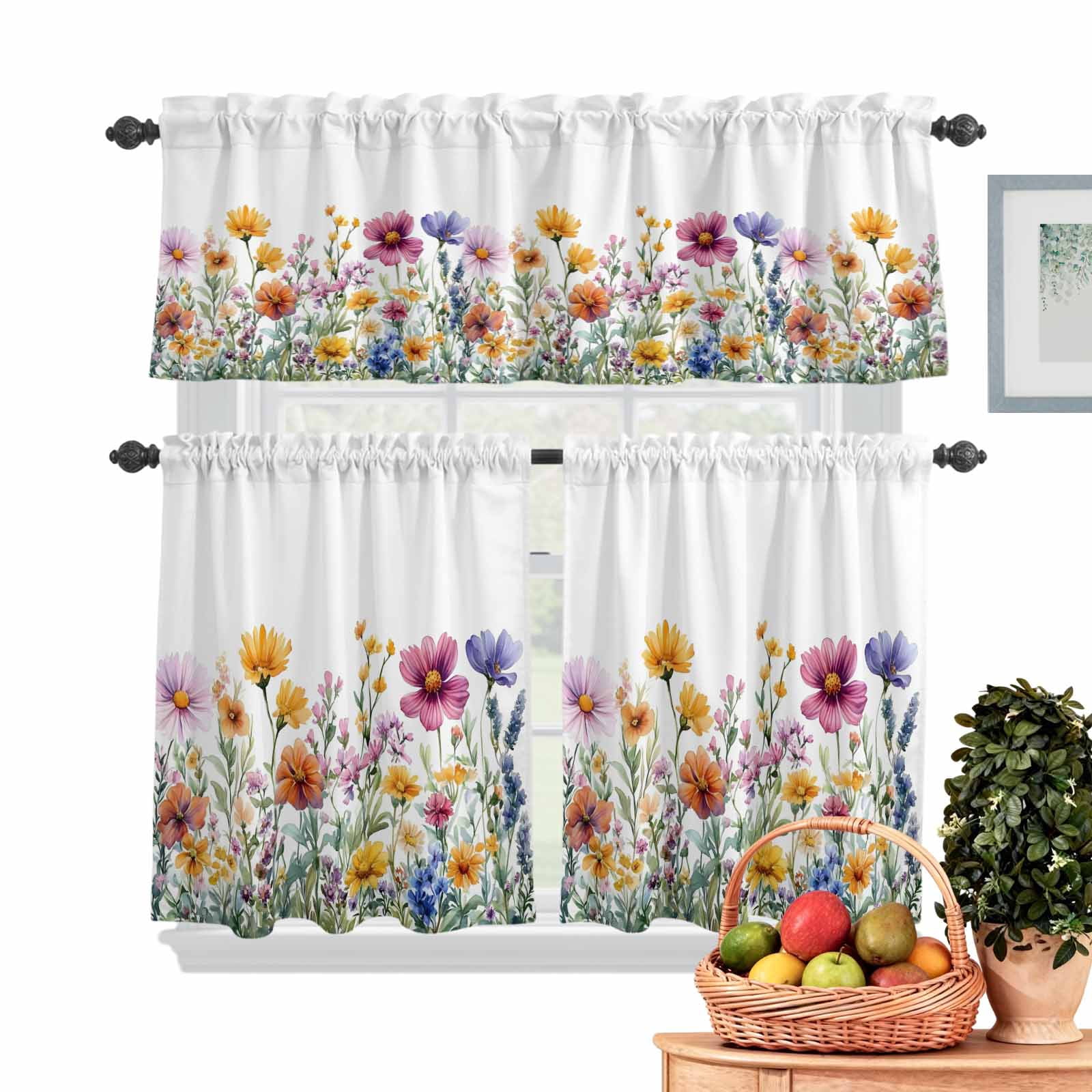 Spring Flower Kitchen Curtains Valances 3 Piece Set, Watercolor Floral ...
