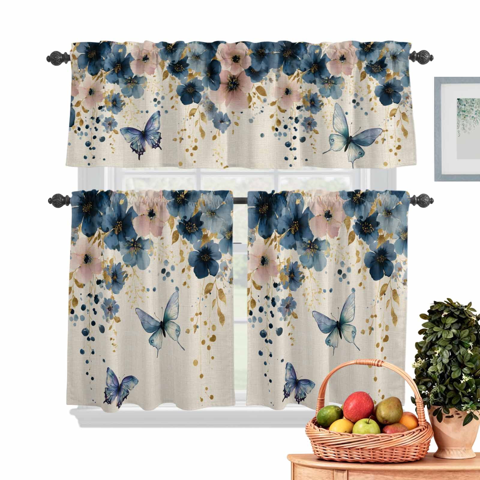 Spring Flower Kitchen Curtains Valances 3 Piece Set, Watercolor Pink ...