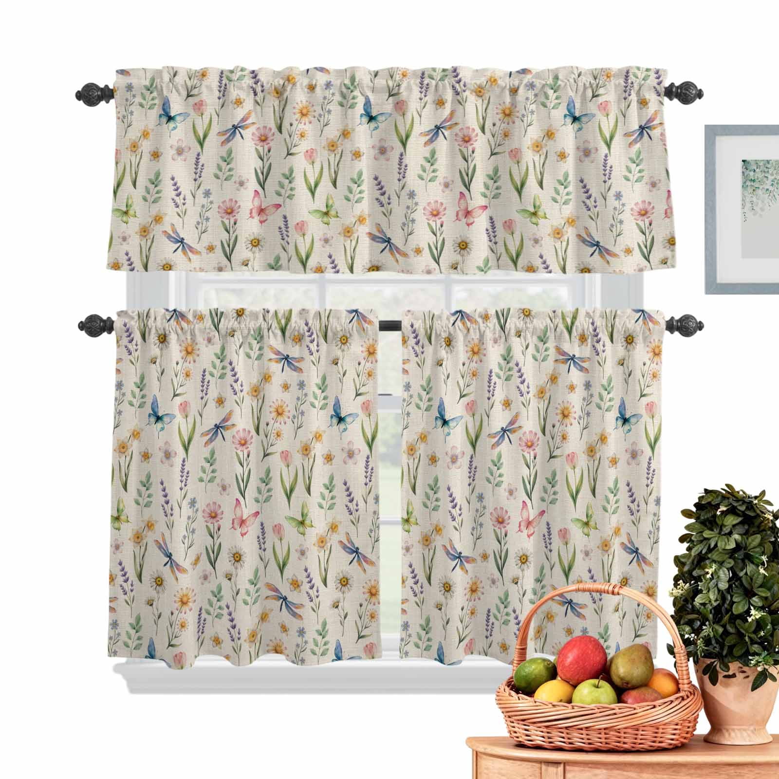 Spring Flower Kitchen Curtains Valances 3 Piece Set, Watercolor Pink ...
