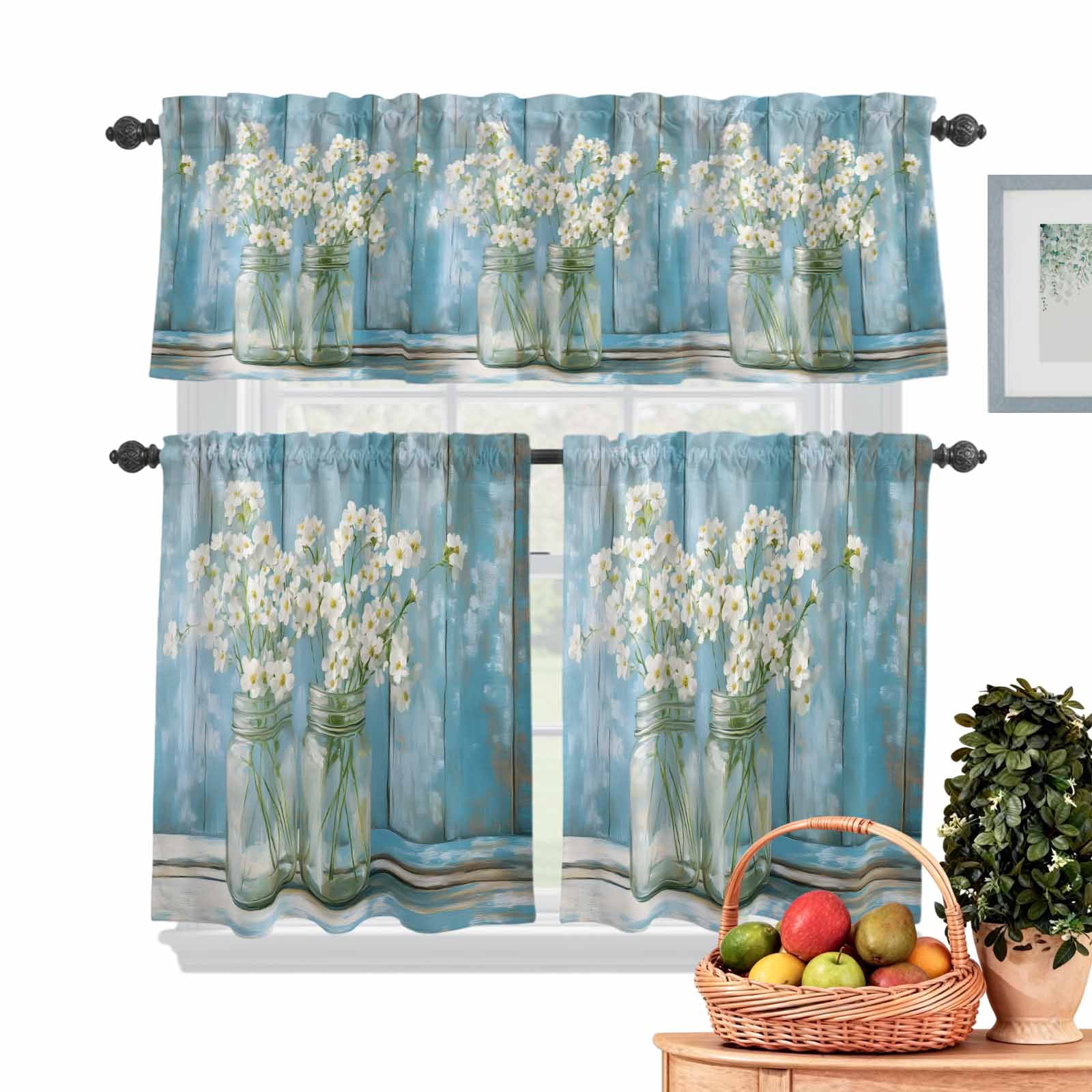 Spring Flower Kitchen Curtains Valances 3 Piece Set, White Daisies ...