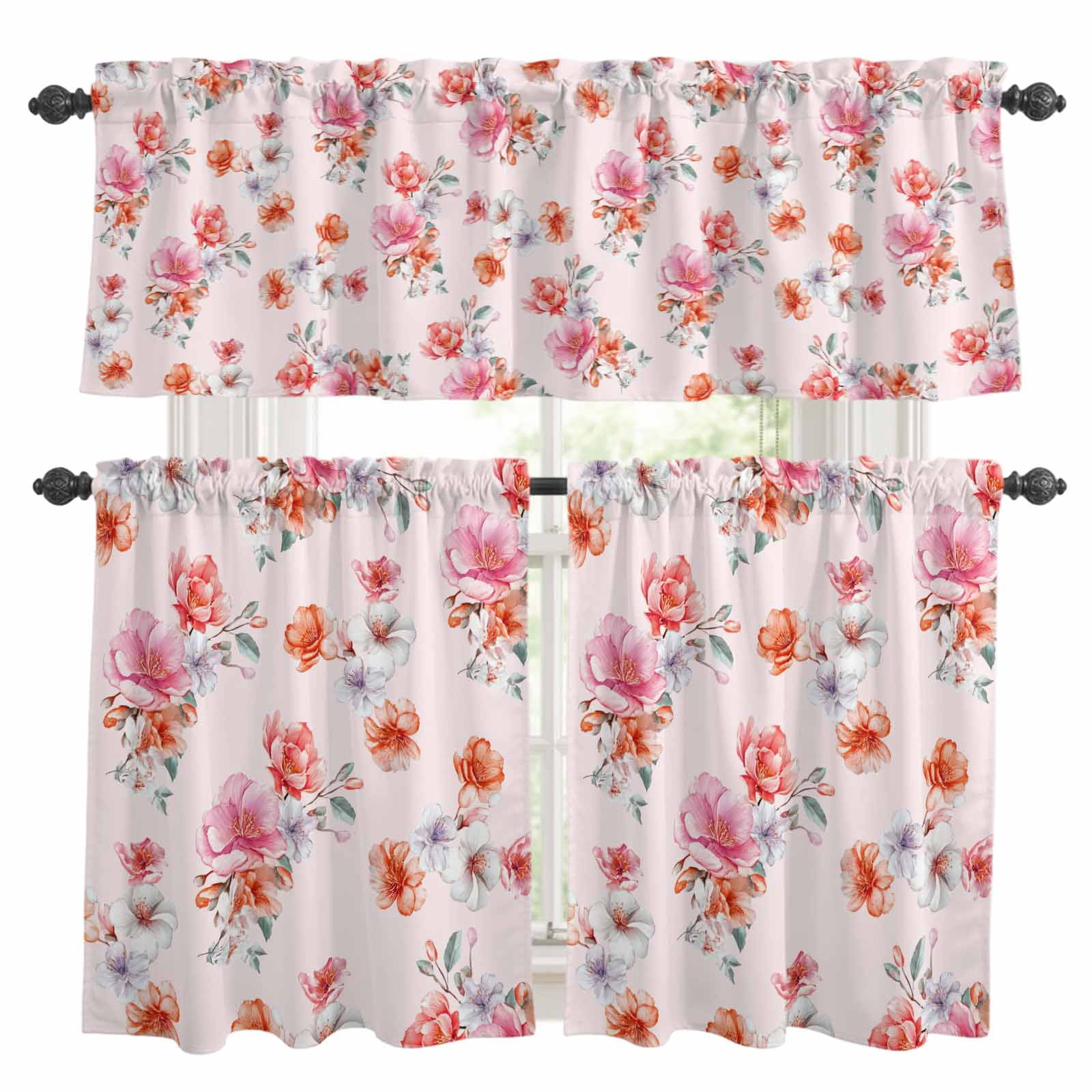 Spring Flower Kitchen Curtains Valances and Tiers 3pcs Watercolor ...