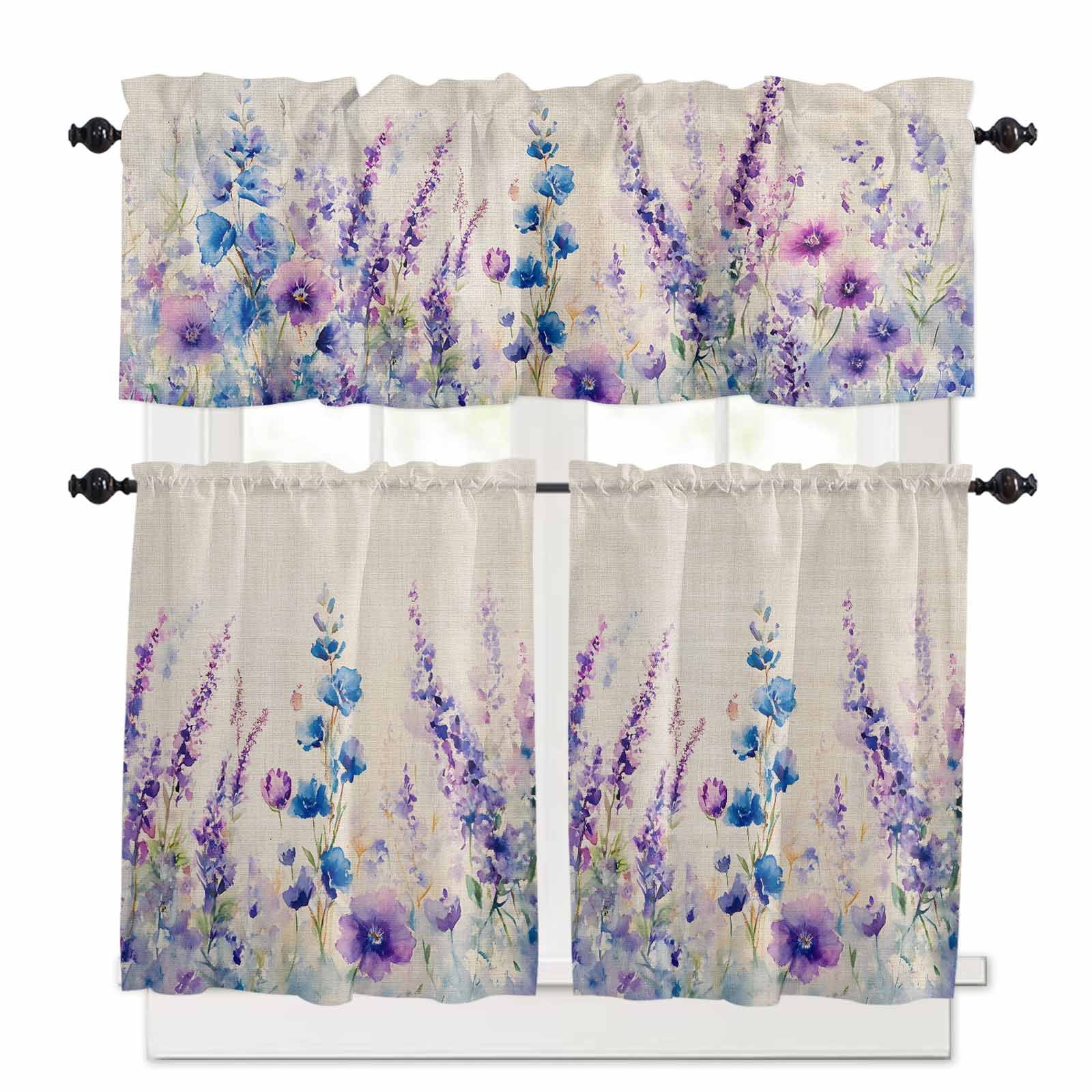 Spring Flower Kitchen Curtains Valances and Tiers Set of 3 Purple ...