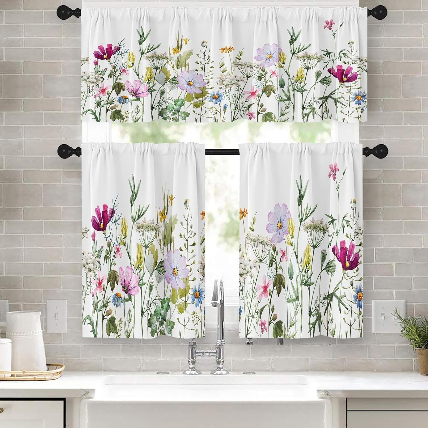 Spring Flower Kitchen Window Curtains Valance and Tier Set 36 Inch, Pink and Purple Floral 3 ...