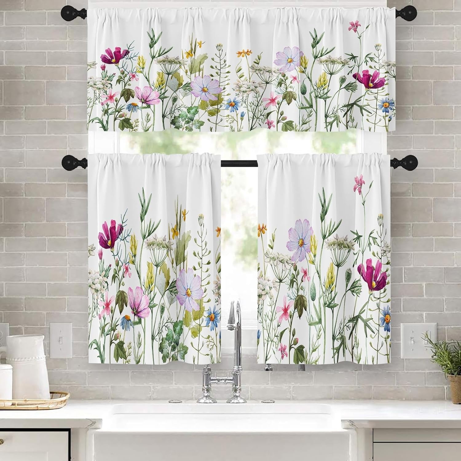 Spring Flower Kitchen Window Curtains Valance and Tier Set 36 Inch ...