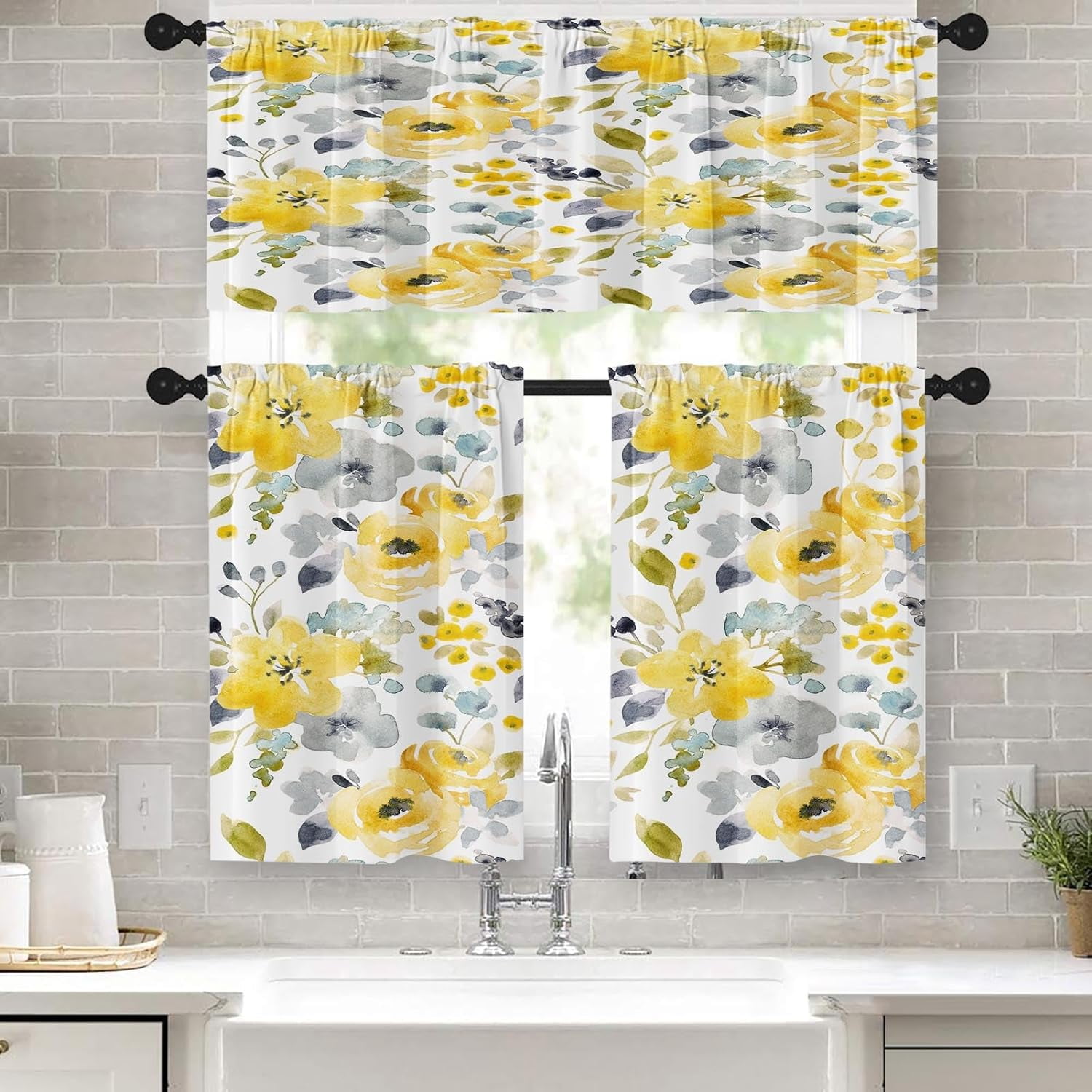 Spring Flower Kitchen Window Curtains Valance and Tier Set 36 Inch ...