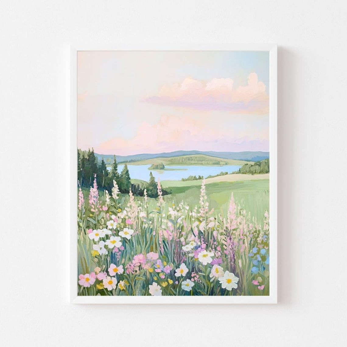 Spring Flower Landscape Painting Pastel Wildflower Lake Wall Art Print ...
