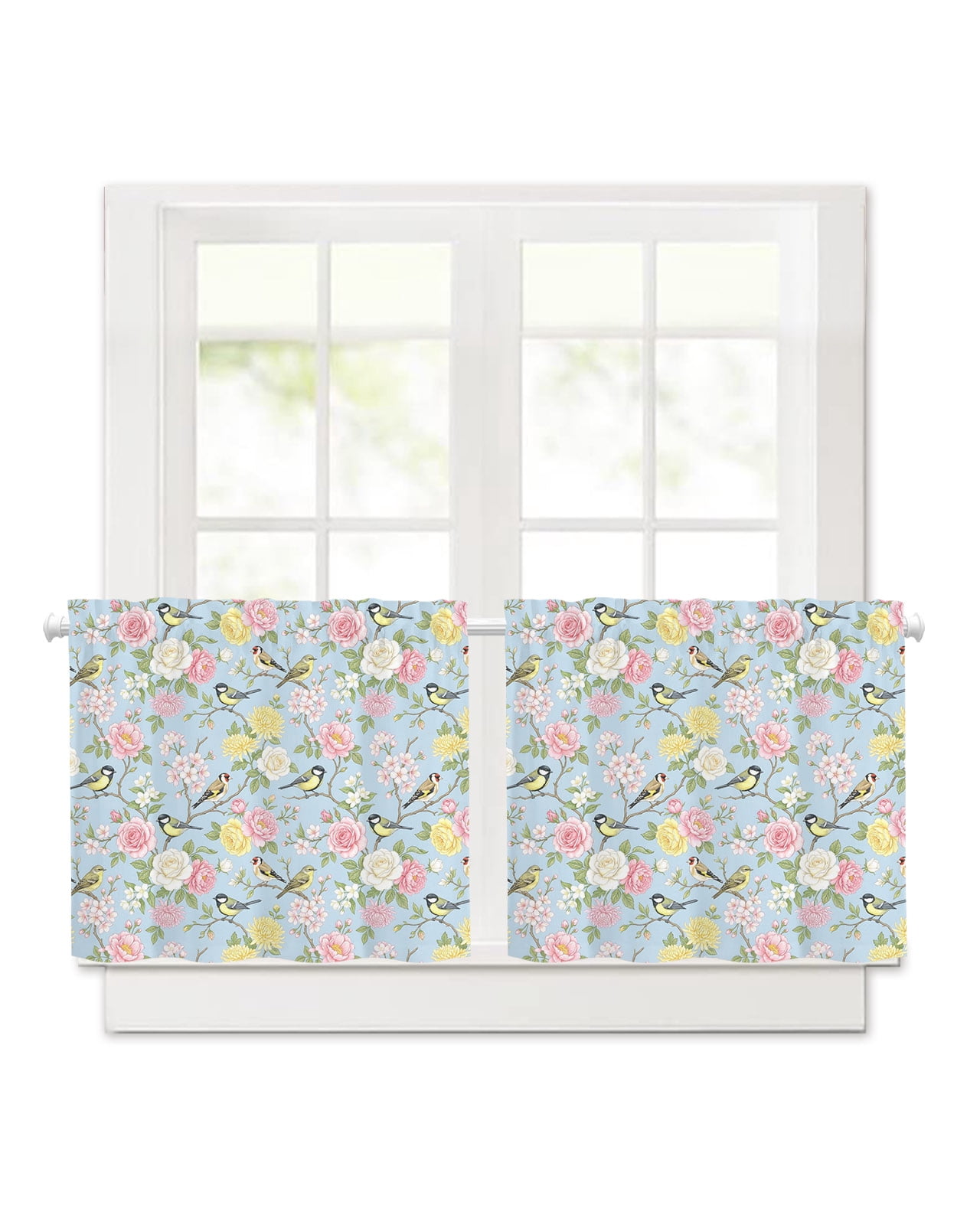 Spring Flower Leaf Bird Short Blackout Curtains 30 Inch Long,Rustic ...