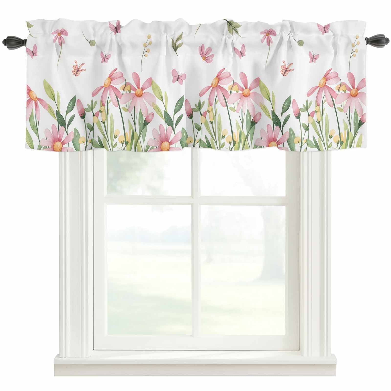 Spring Flower Leaf Valances for Windows Summer Country Pink Floral ...